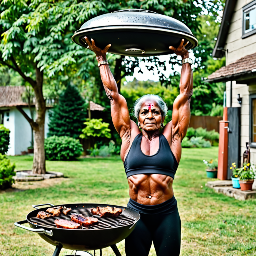 A strong muscular elderly female black indian bodybuilder lifts a huge ...