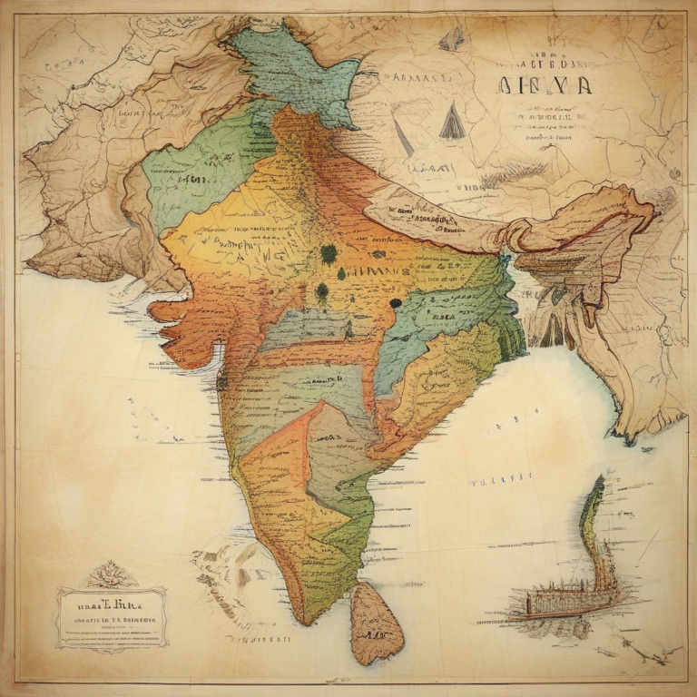 Historical Map of India Highlighting Regions and Geographic Features in ...