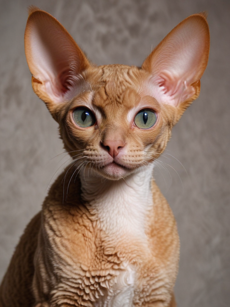 A Close-Up Portrait of a Unique Devon Rex Cat with Large Ears.