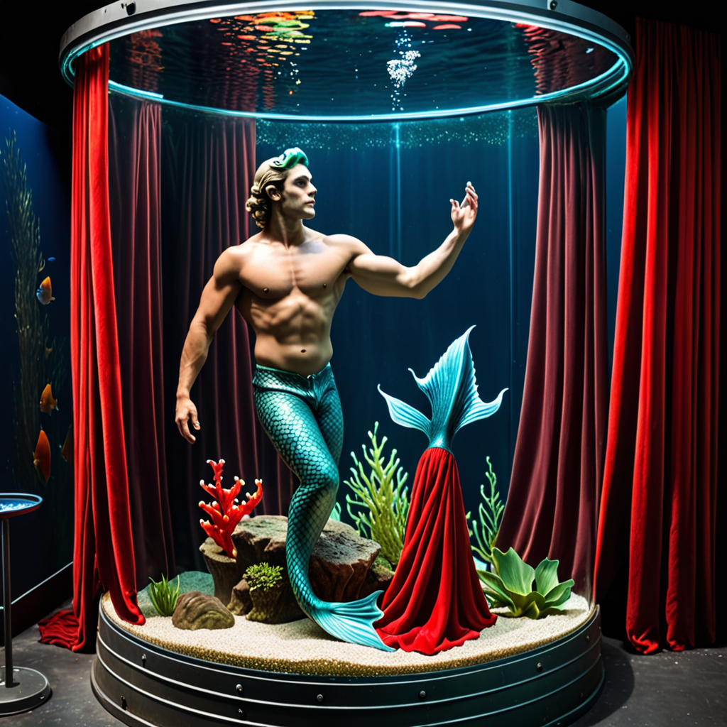 triton merman inside a cylindrical aquarium-like watertank with red ...