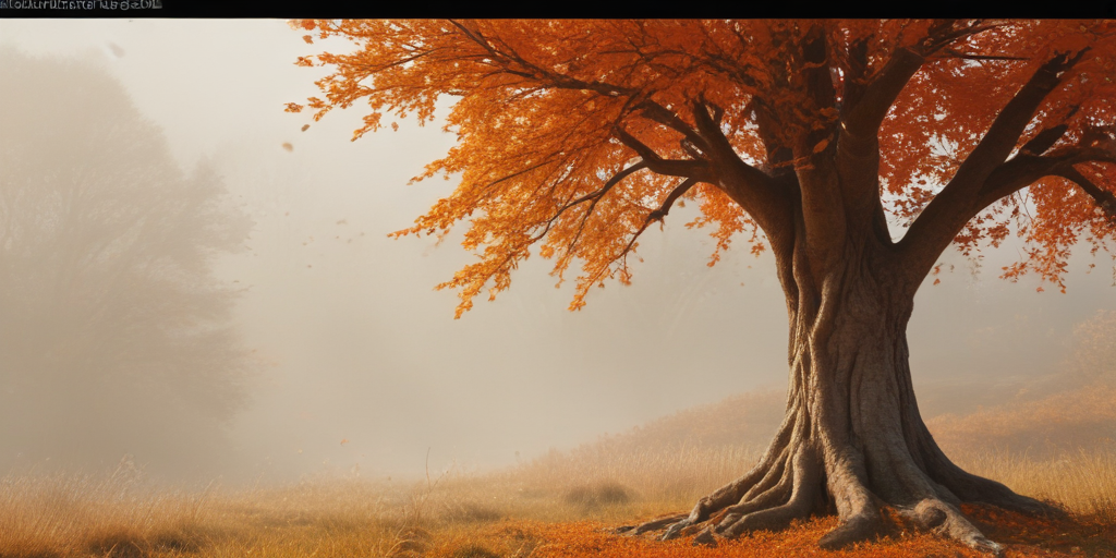Majestic Autumn Tree Surrounded by Misty Landscape and Golden Leaves