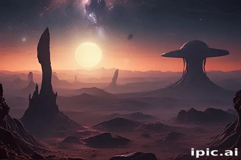 An Otherworldly Landscape with Alien Structures Under a Cosmic Sky at Dusk