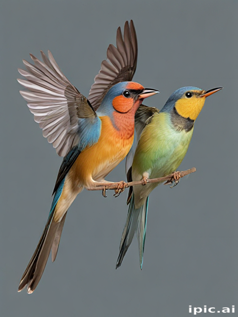 Two Vibrantly Colored Birds Perched Gracefully on a Branch Against Gray ...