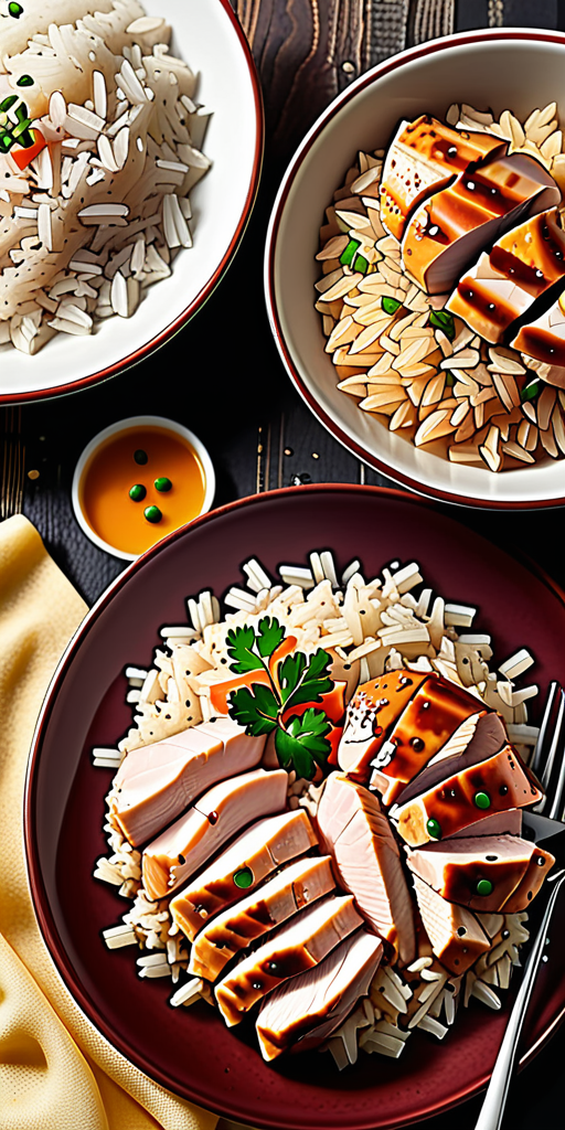 Deliciously Grilled Chicken Slices Served Over Fluffy Rice with Garnishes