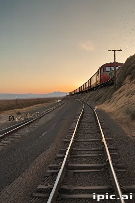 Lonely Train Tracks Stretching Into the Distant Horizon at Sunset