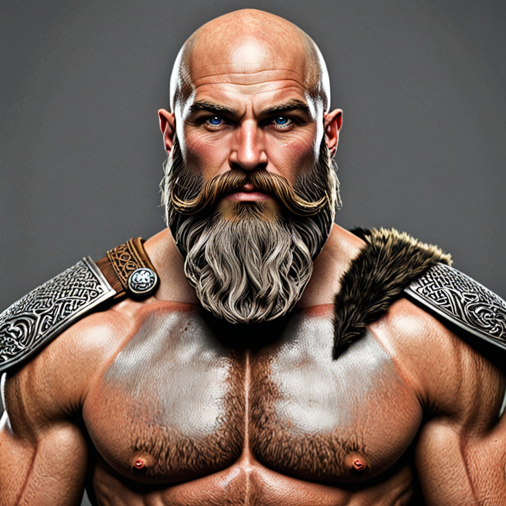 viking warrior bald head long black beard realistic as possible