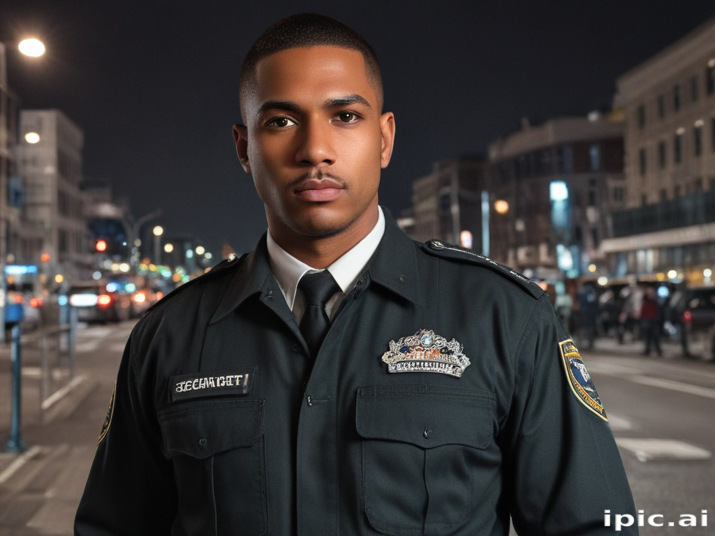Confident Police Officer Standing Proudly on a Busy City Street at Night