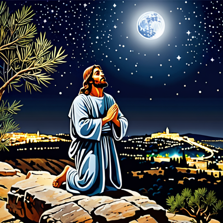 Jesus Praying On His Knees On The Mount Of Olives At Night Full Moon
