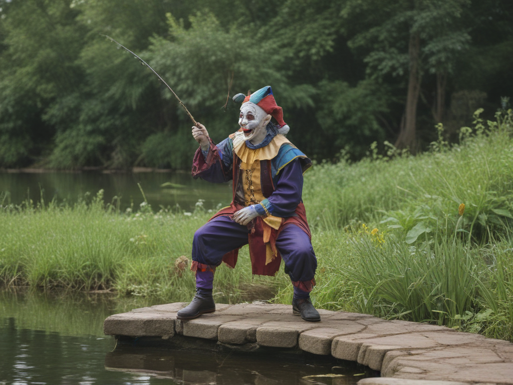 A jester fishing near a pond
