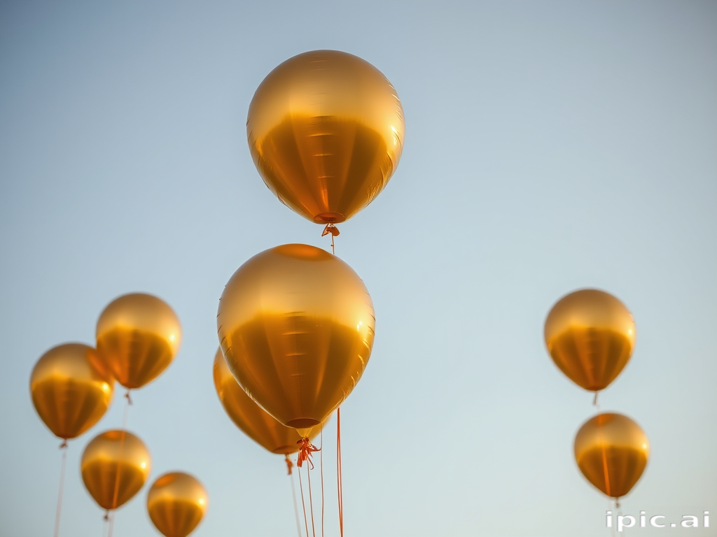 Golden Balloons Floating Gracefully Against a Clear Blue Sky