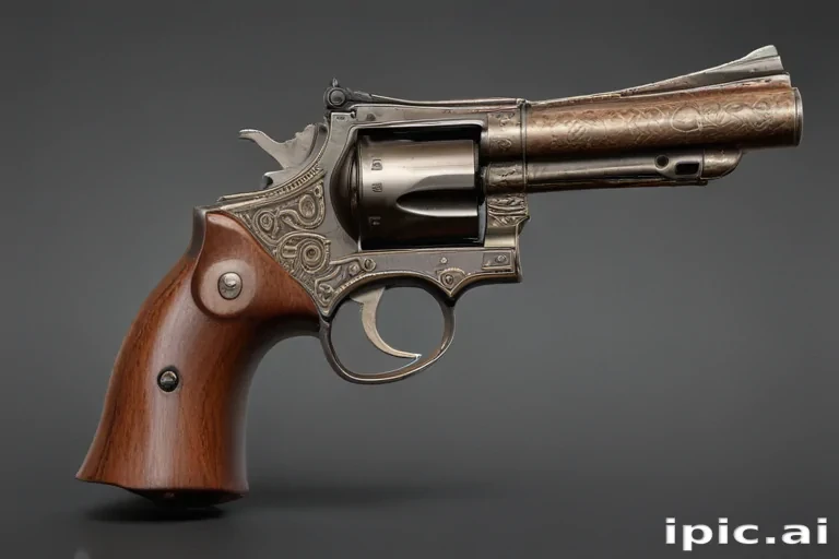 Intricately Designed Vintage Revolver with Ornate Details and Wooden Grip