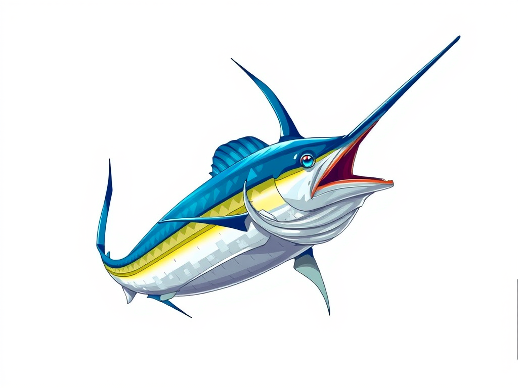 Create a high-resolution illustration of a marlin fish in a dynamic ...
