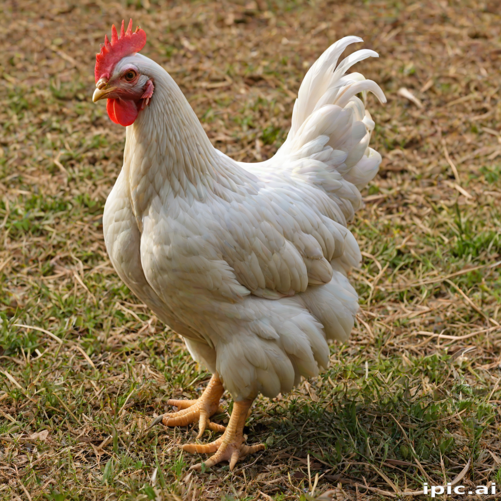 A Beautiful White Chicken Proudly Strutting Across a Green Field.