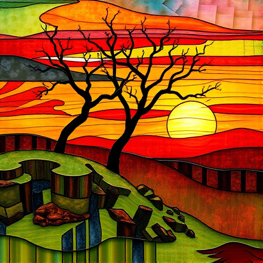 Vibrant Sunset Over a Landscape with Bare Trees and Colorful Skies