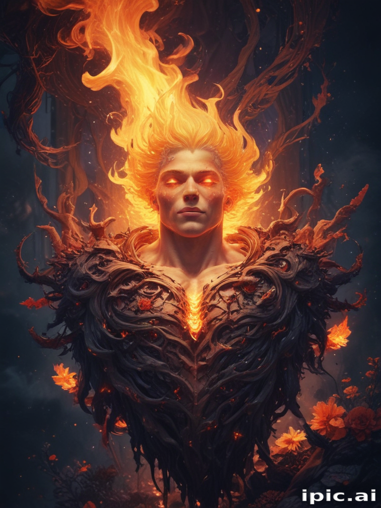 Fiery Entity Emerging from Nature, Surrounded by Dark Flames and Flora
