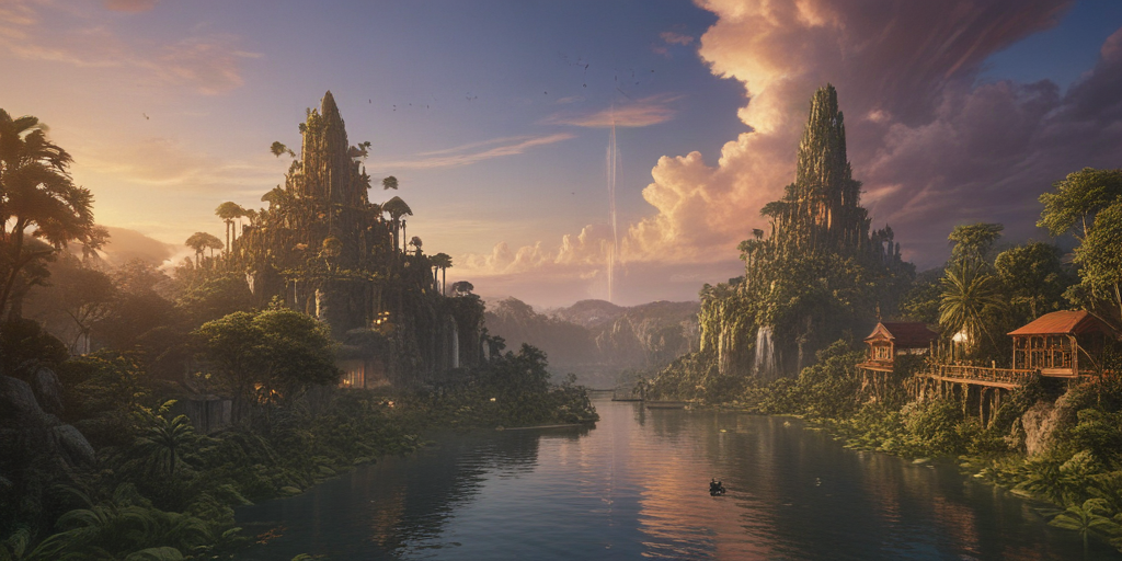 "A photorealistic image of a floating island city bathed in the warm ...