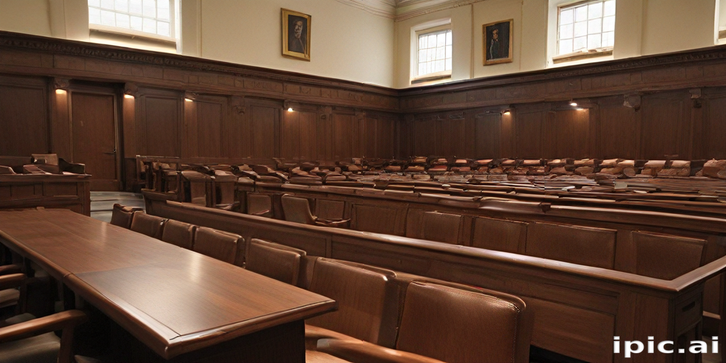 An Elegant Courtroom Setting with Wooden Interiors and Empty Gallery Seats