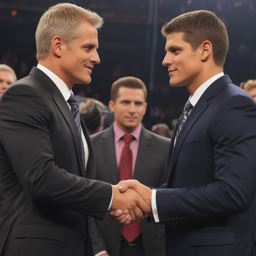 Patrick Fabian handshakes WWE’s Cody Rhodes in suits