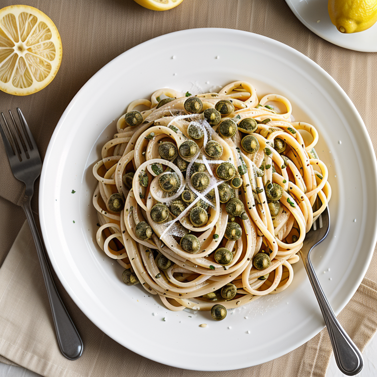 Delicious Linguine Pasta Garnished with Capers and Fresh Lemon Slices