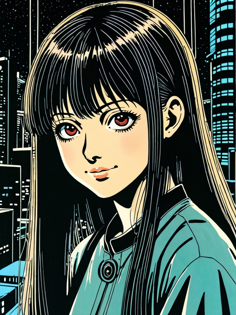 sci-fi, tomie, curtain bangs, cyberpunk, junji ito, lain, smile, dark