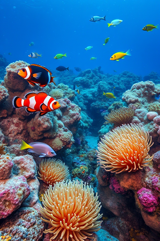 Vibrant Underwater Scene Featuring Colorful Fish and Lush Coral Reefs