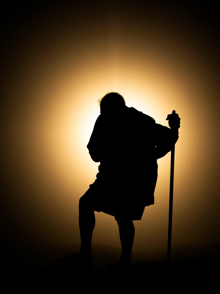 Silhouette of a Person with a Cane Against a Bright Background
