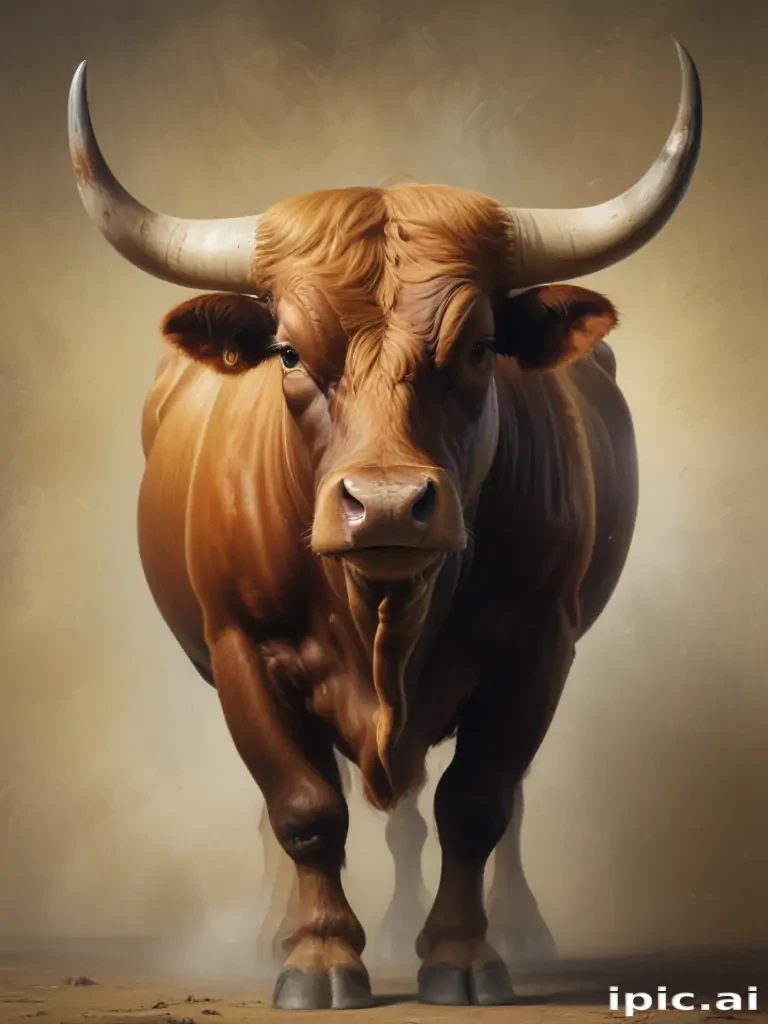 Majestic Brown Bull Staring Intently Against a Soft, Earthy Background.
