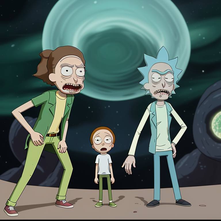 Rick Sanchez from 'Rick and Morty' Holding a Drink Amid Chaos