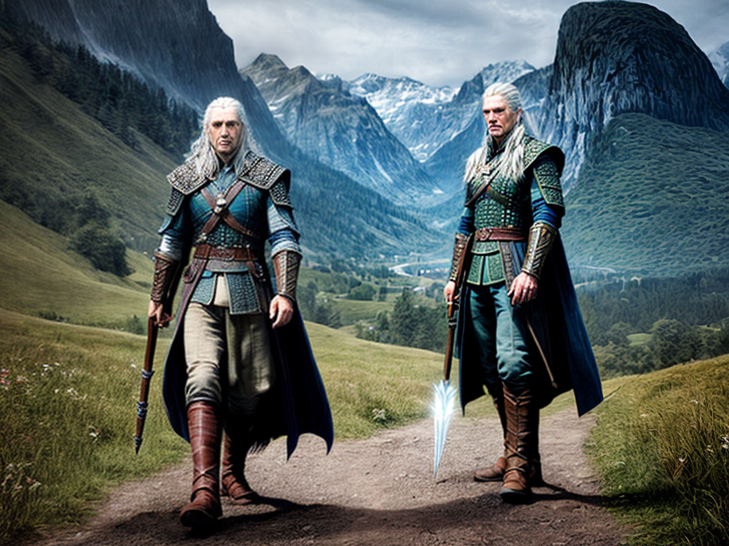 create a male wizard character, long white hair, with a staff in his ...