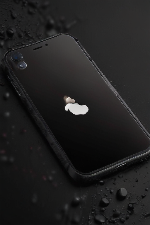 Elegant Black Smartphone with Water Droplets on a Dark Surface