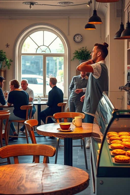 Cozy Café Scene with Customers Enjoying Coffee and Fresh Pastries Together