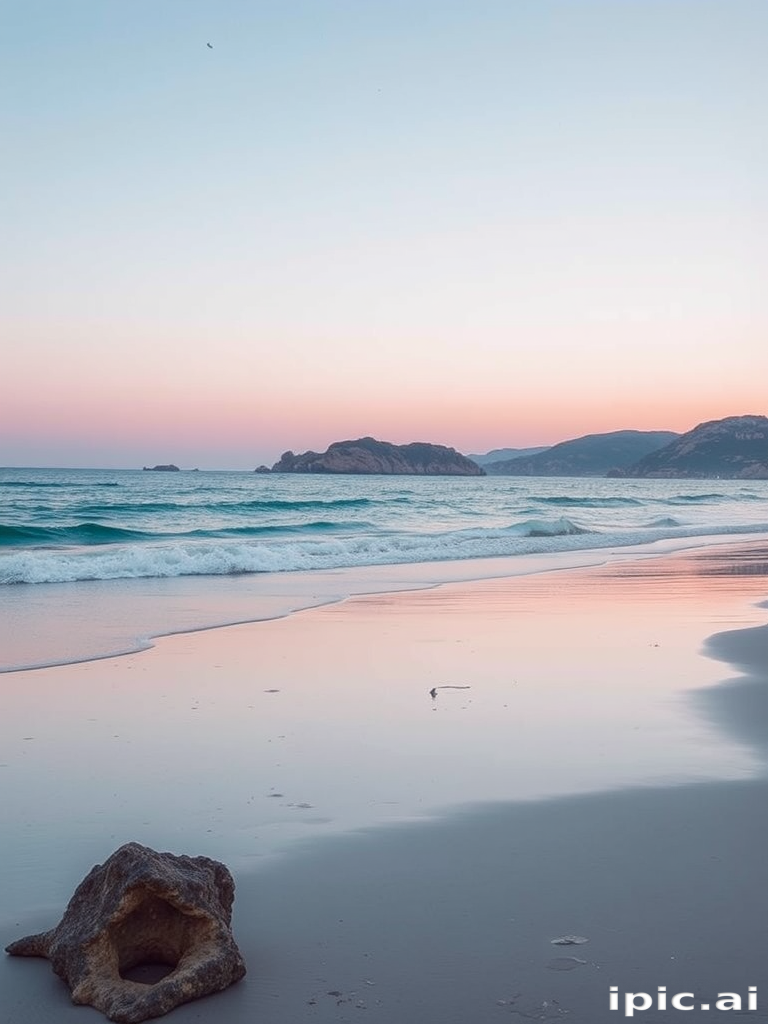 Tranquil Beach Scene at Dusk with Soft Waves and Gentle Mountains