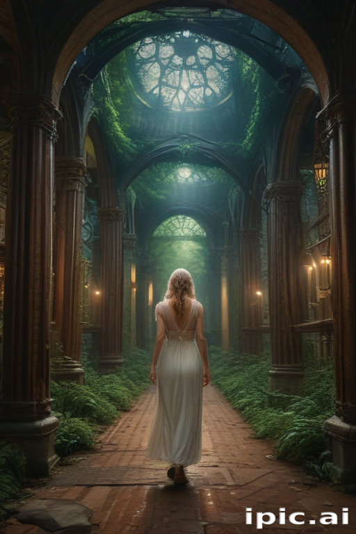 Enchanting Pathway Through an Overgrown Ancient Hallway with Mystical Glow