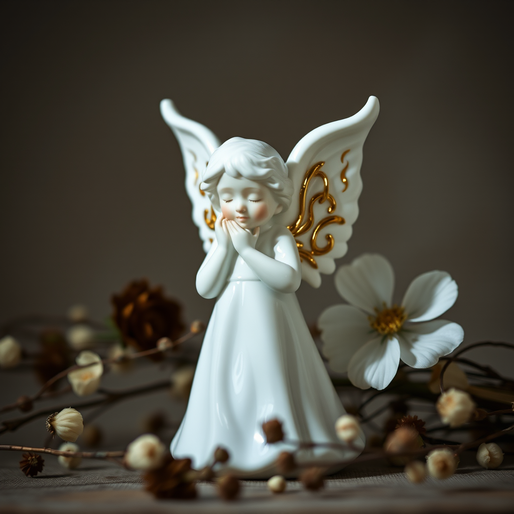 Create a low-light still life photograph of a porcelain angel figurine ...