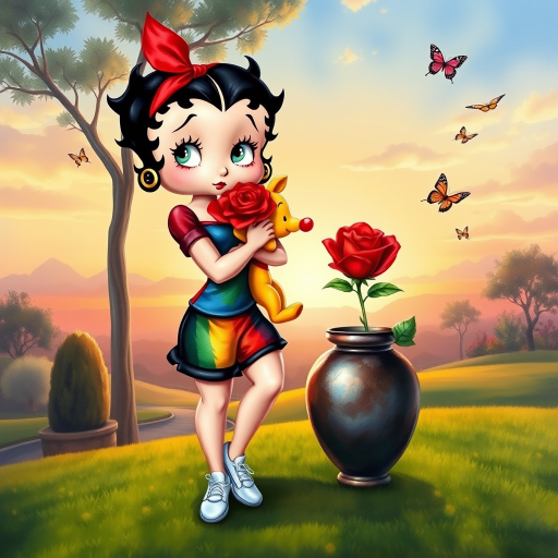 Betty Boop Embraces a Teddy Bear Amidst Beautiful Roses and Butterflies