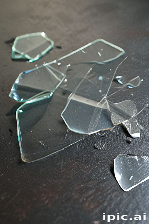 Shattered Glass Pieces Scattered on a Dark Surface with Reflections