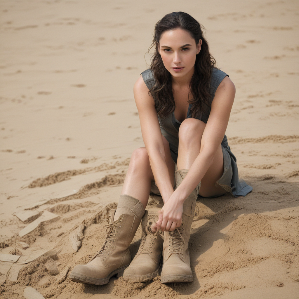 Gal gadot head burried in sand next to military boots