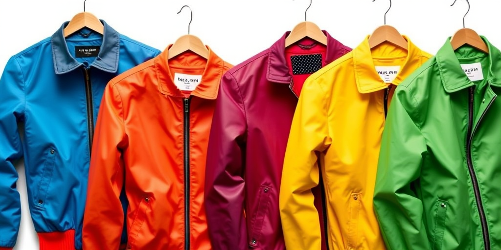 Vibrant Collection of Colorful Jackets Hanging Stylishly on Wooden Hangers