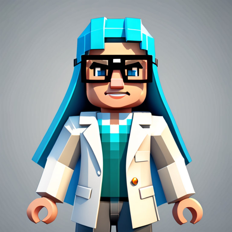 Create a female minecraft character with blue hair, a white lab coat ...