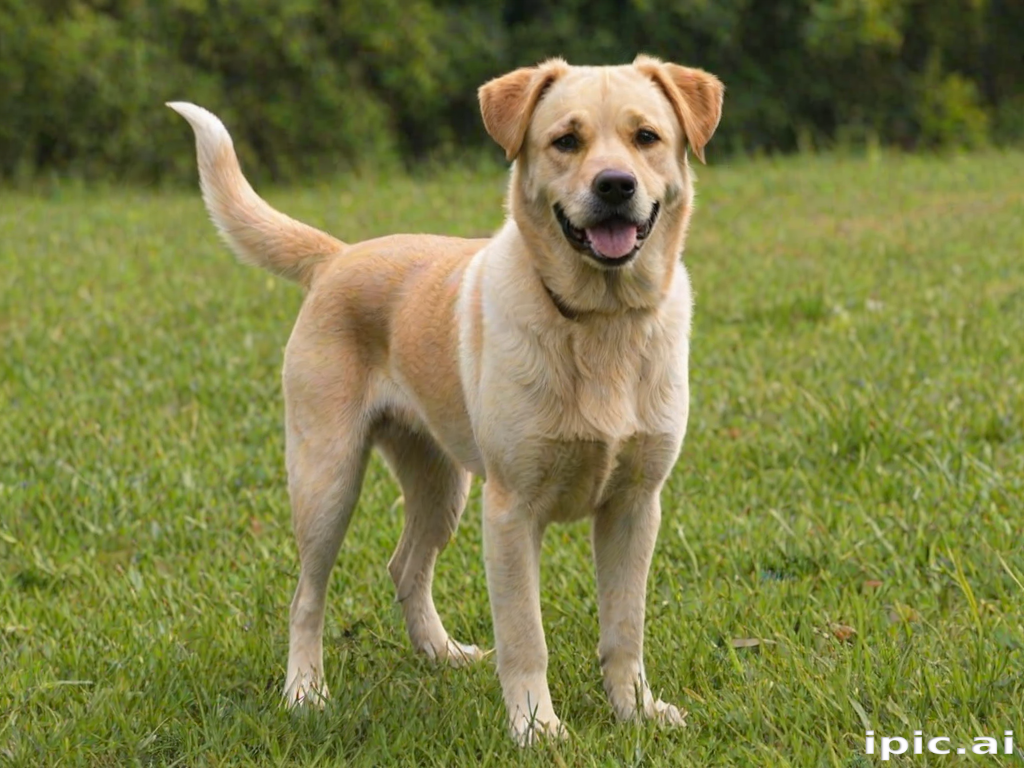 A Happy Golden Labrador Dog Standing Proudly in a Green Field.