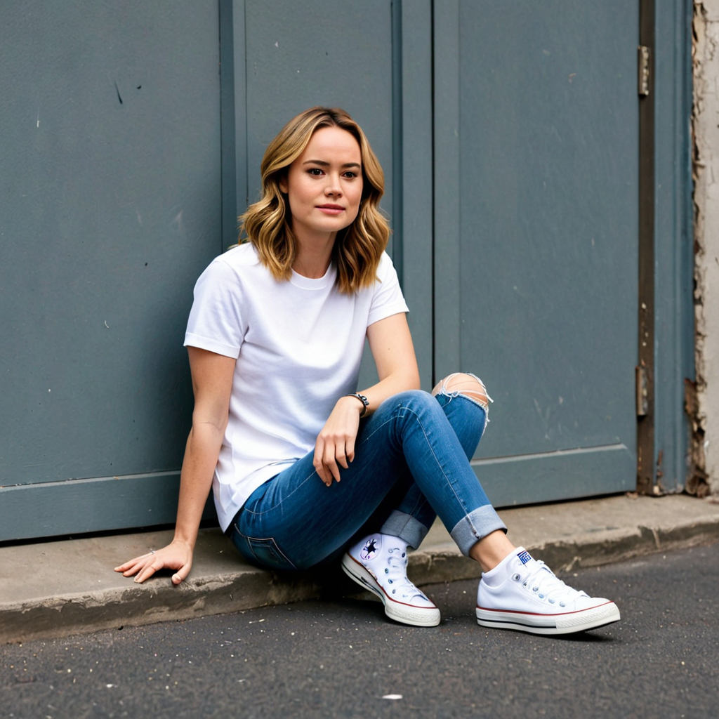 Mcu Brie Larson Carol Danvers Sitting in White Shirt, Blue Jeans, White ...