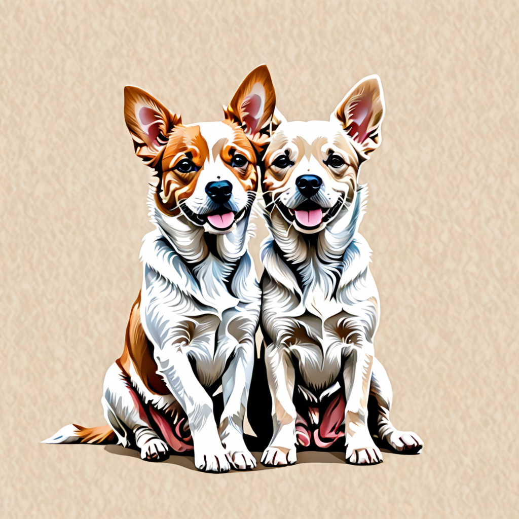 happy cute, 2 dogs, playing, white background, realistic graphic design