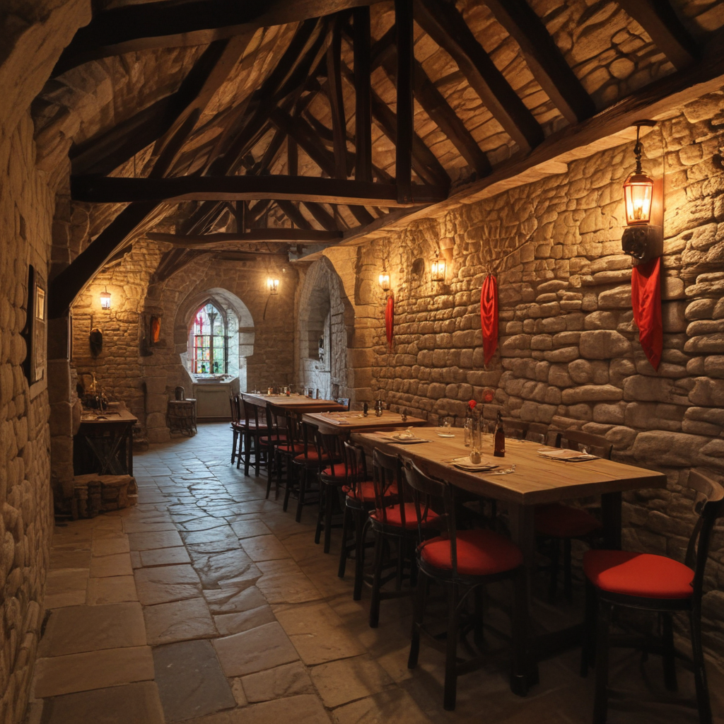 Medieval stone tavern with red lighting