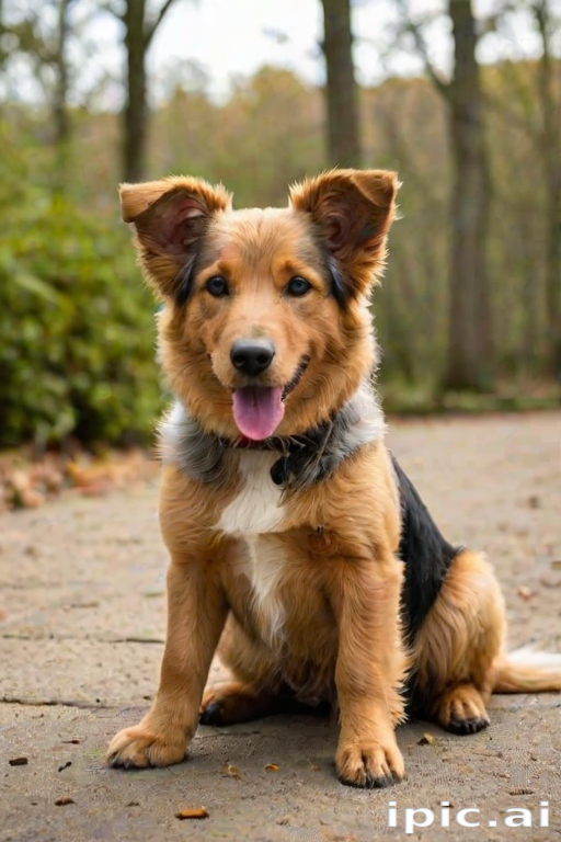 A Happy Dog Sitting in a Forest Path on a Sunny Day