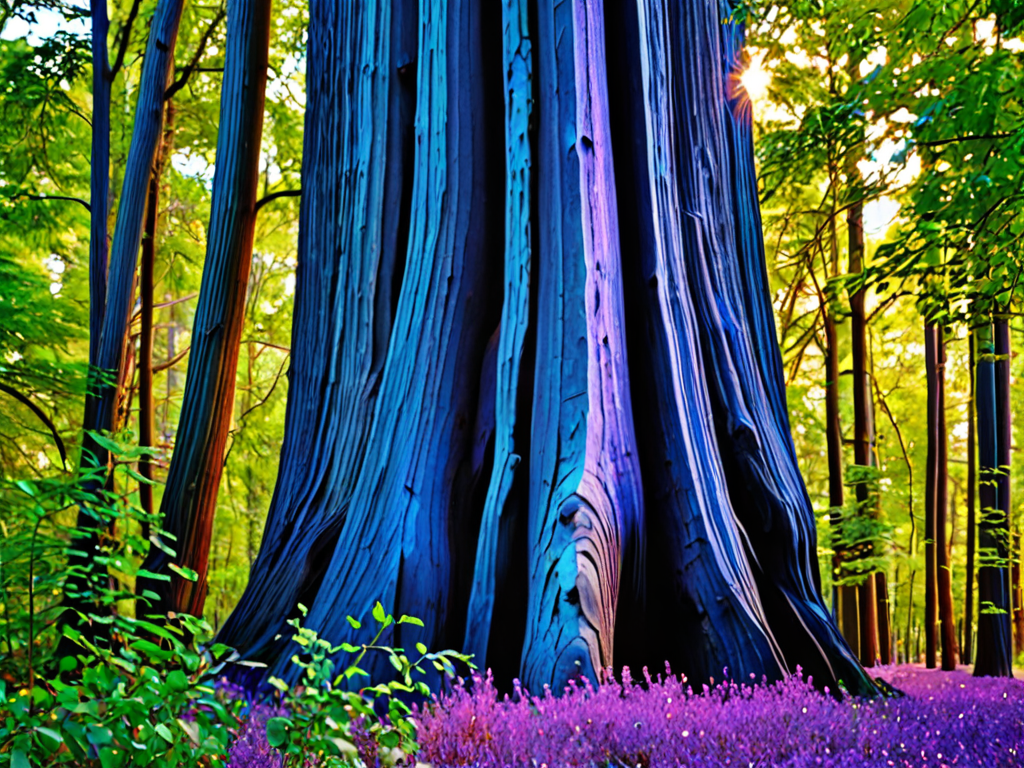 Single tree with glowing dark blue logs with light purple crystals ...