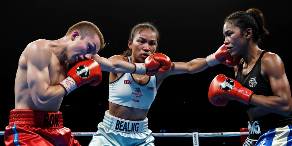 Intense Boxing Match Featuring Two Fighters and a Dynamic Referee