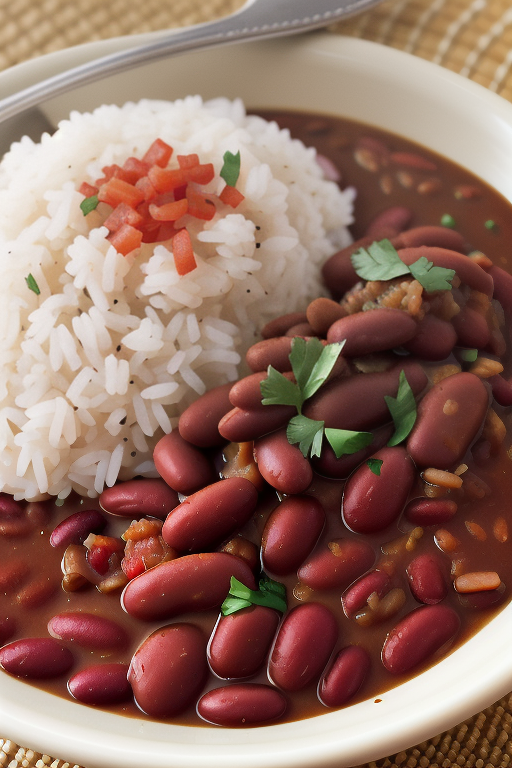 Delicious Bowl of Red Beans and Rice Garnished with Fresh Herbs