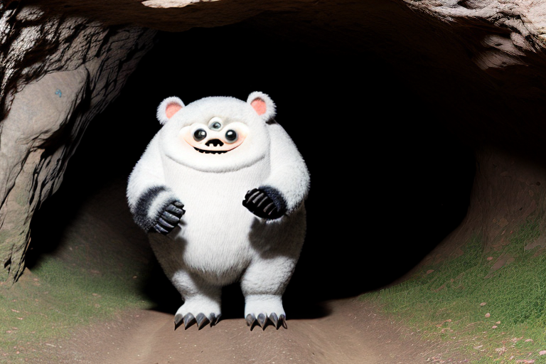 fluffy cute fat monster with teeth in a cave