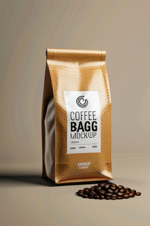 Stylish Coffee Bag Mockup Featuring Rich Coffee Beans and Elegant Design