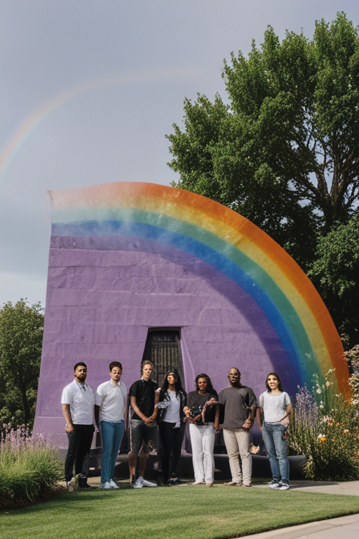 several BIPOC people standing in front of a purple monument with a ...